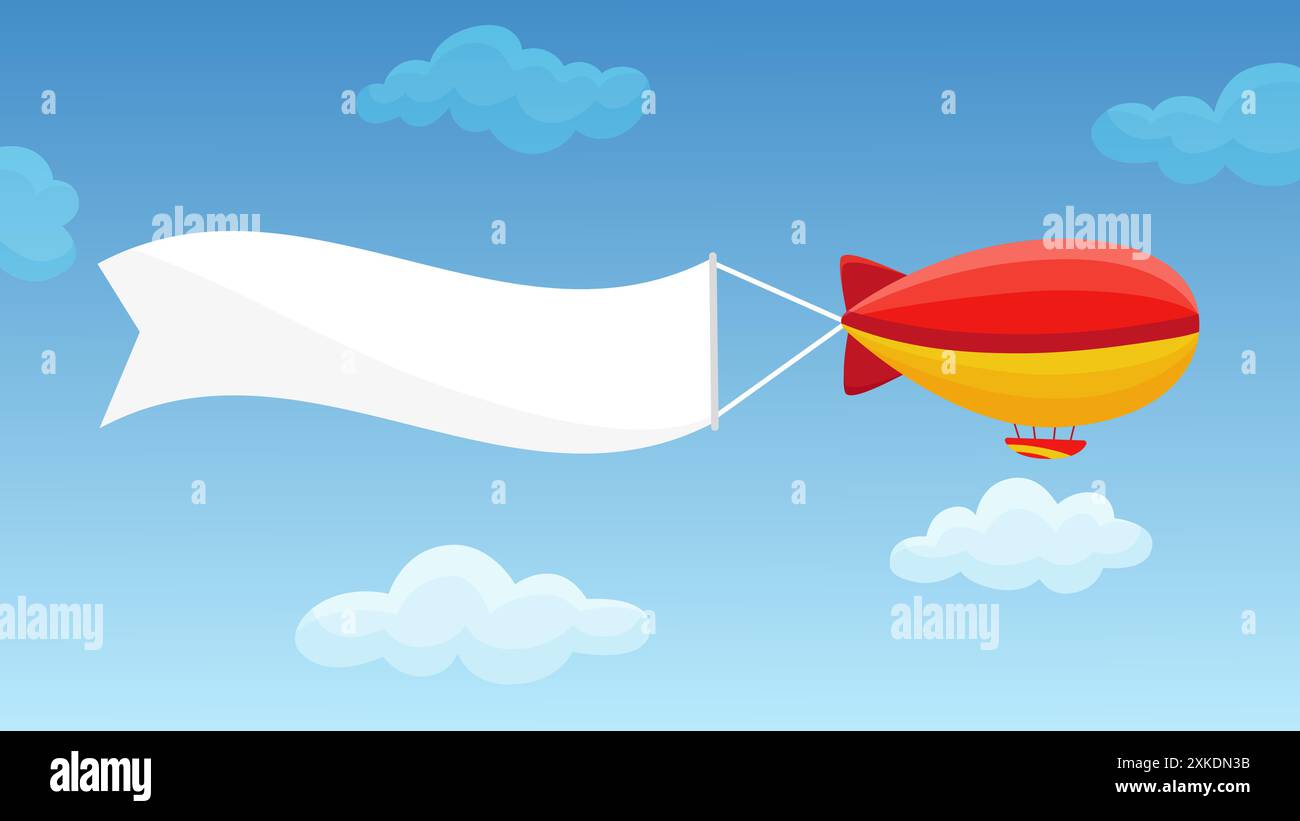 Dirigible in sky. Old style airship flying with empty ribbon. Message ...