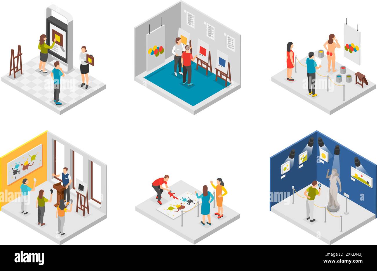 Isometric art exhibition. Creative flash mob, artists at work process ...