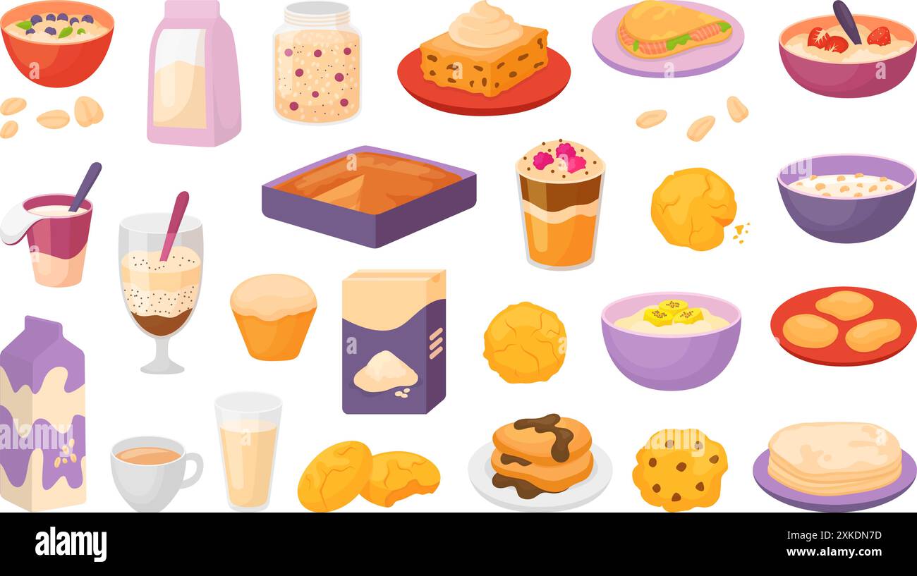 Cartoon oatmeal food. Grains and oat flakes box, flour, smoothie and ...