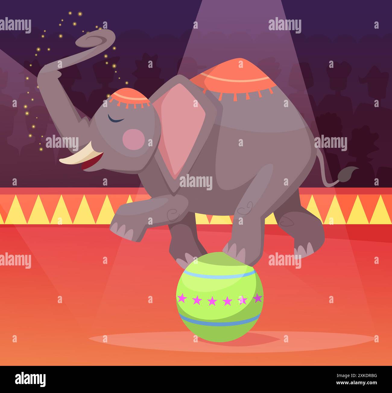 circus elephant. performance with trained big animal standing on ball ...