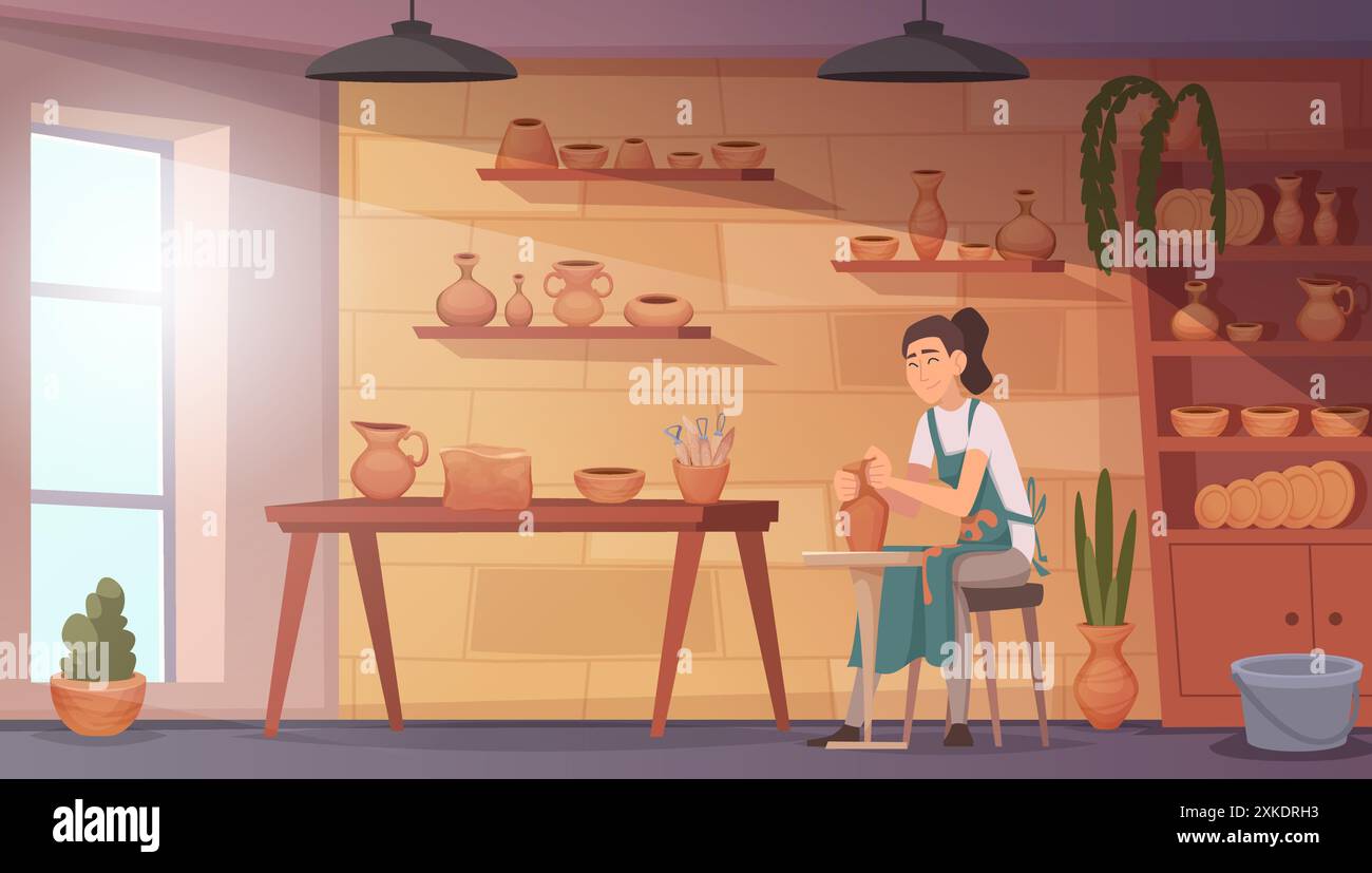 Pottery background. Plates scoop spoon workshop for clay utensils ...