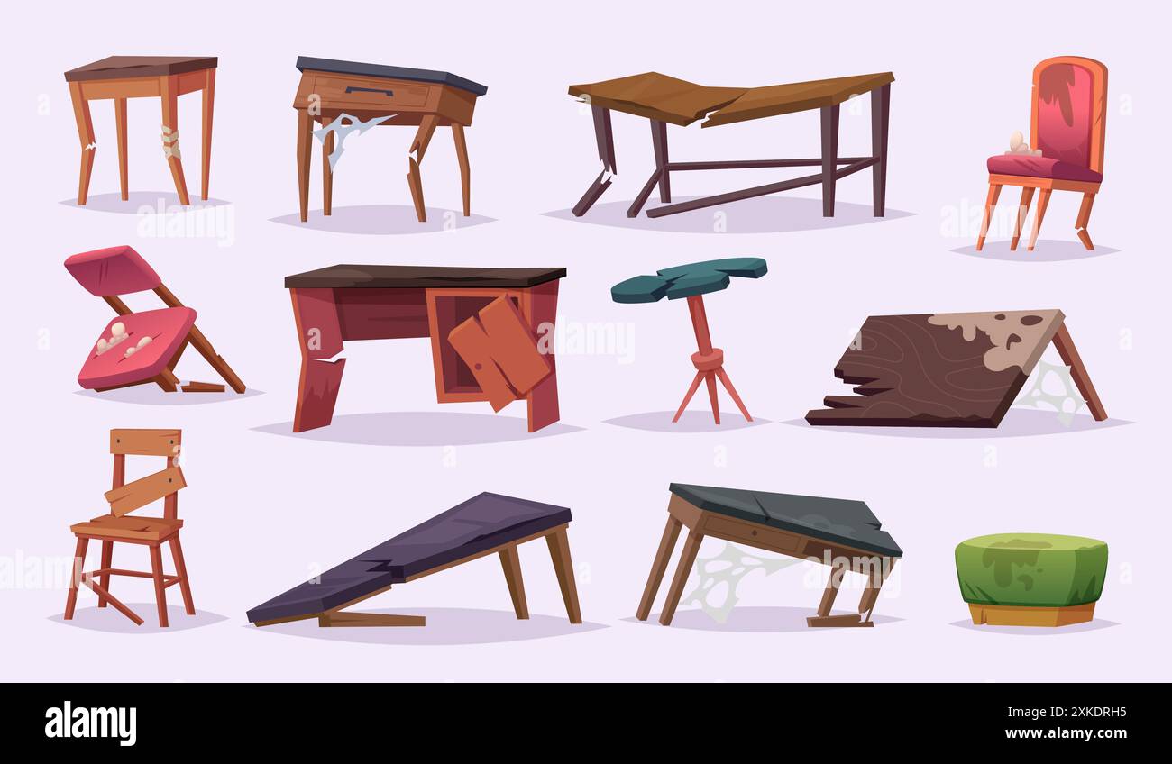 Broken chairs. Old damaged furniture sofas chairs tables wardrobe ...