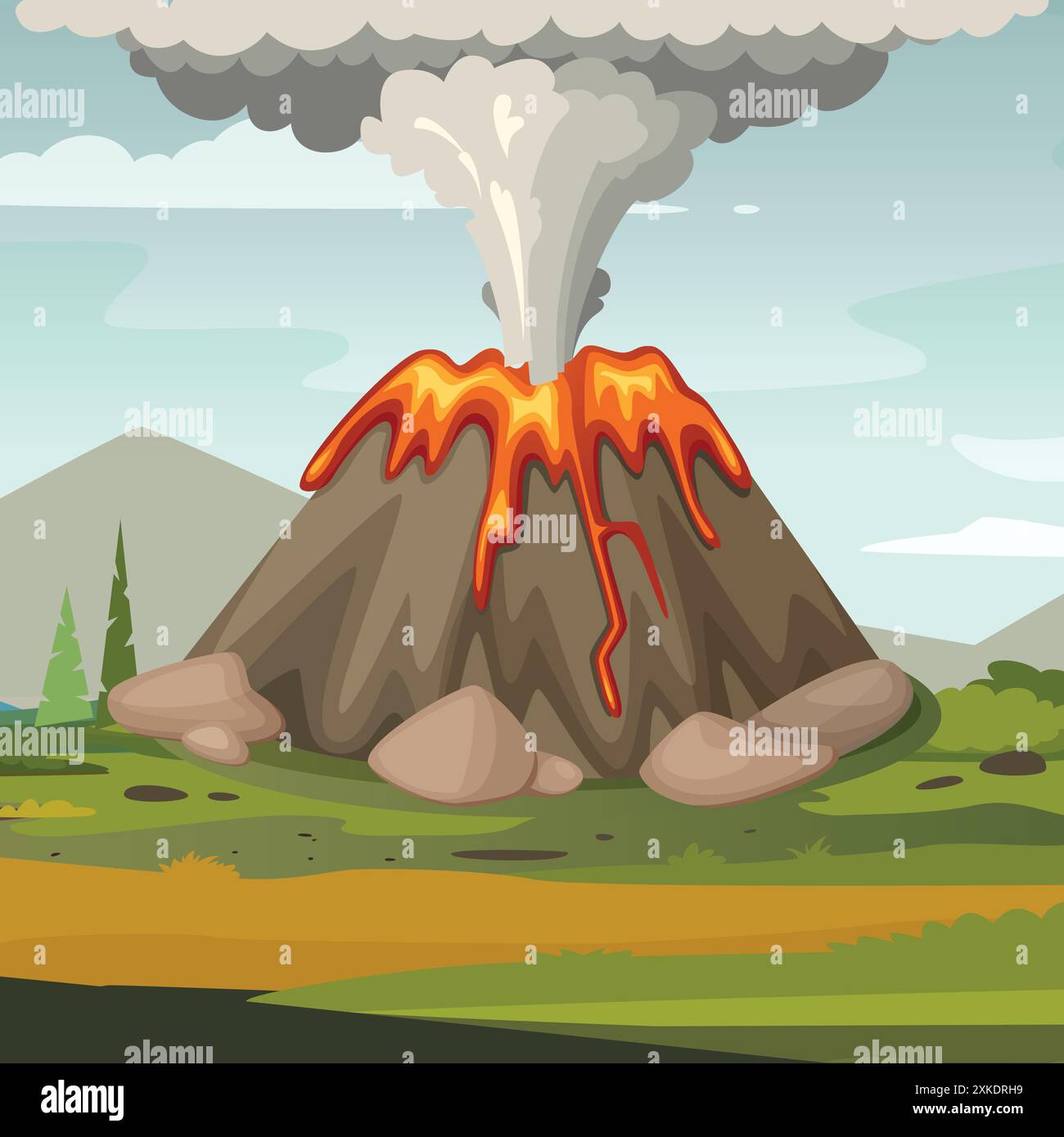volcano. cartoon background illustration with active volcano explode ...