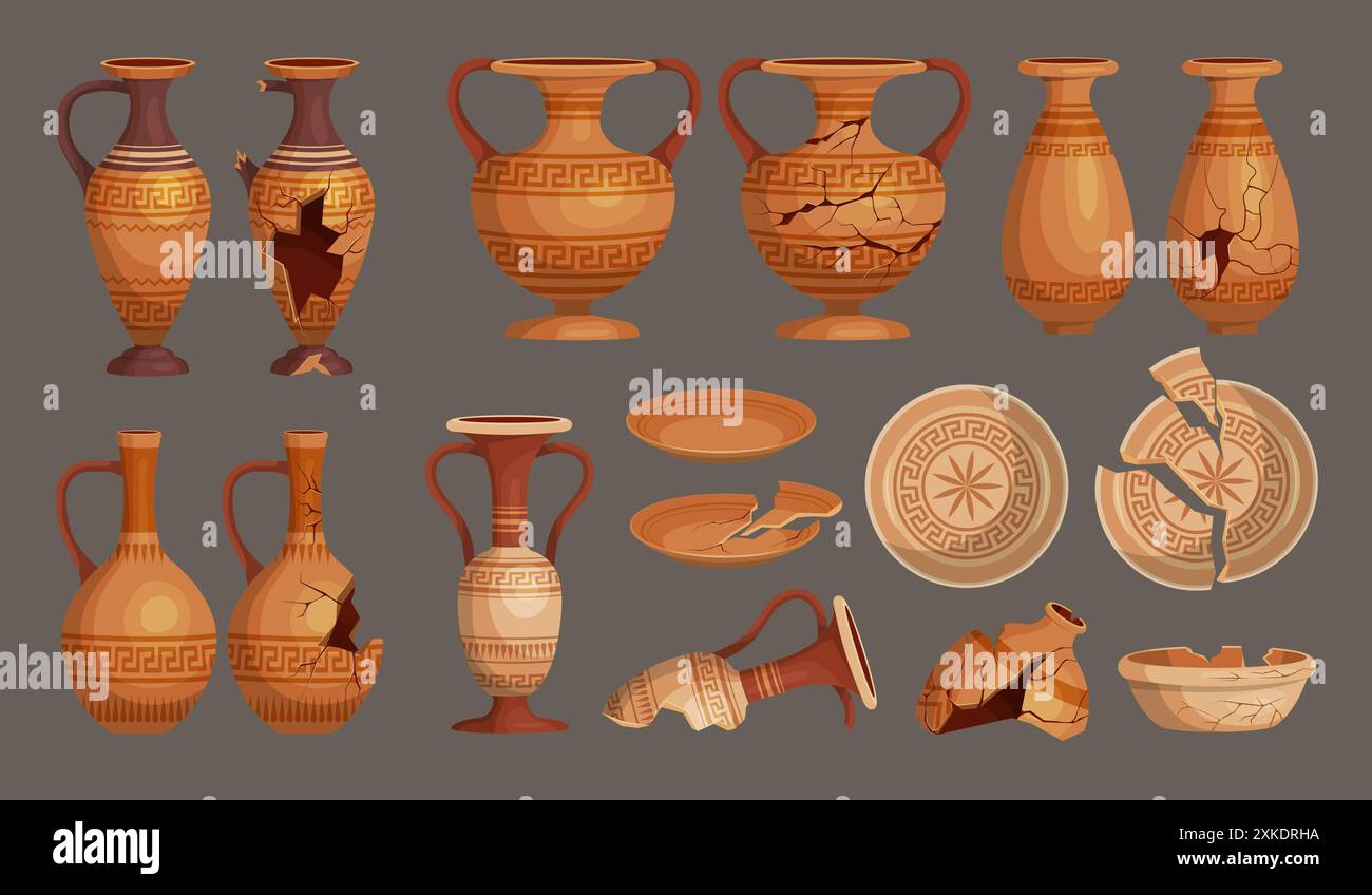 Cracked pots. Ancient ceramics clay utensils recent vector cartoon set ...