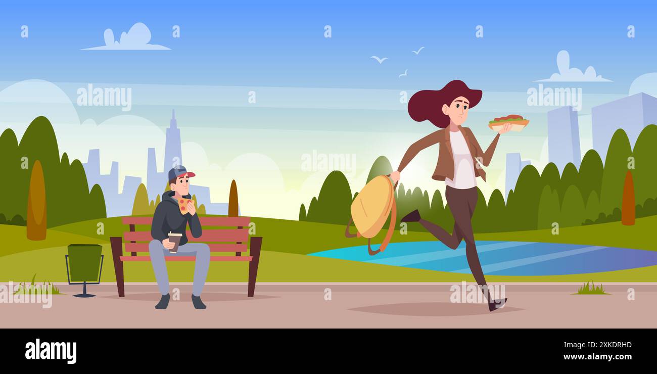 Snacks people. Eating at work exact vector quick snacks characters ...