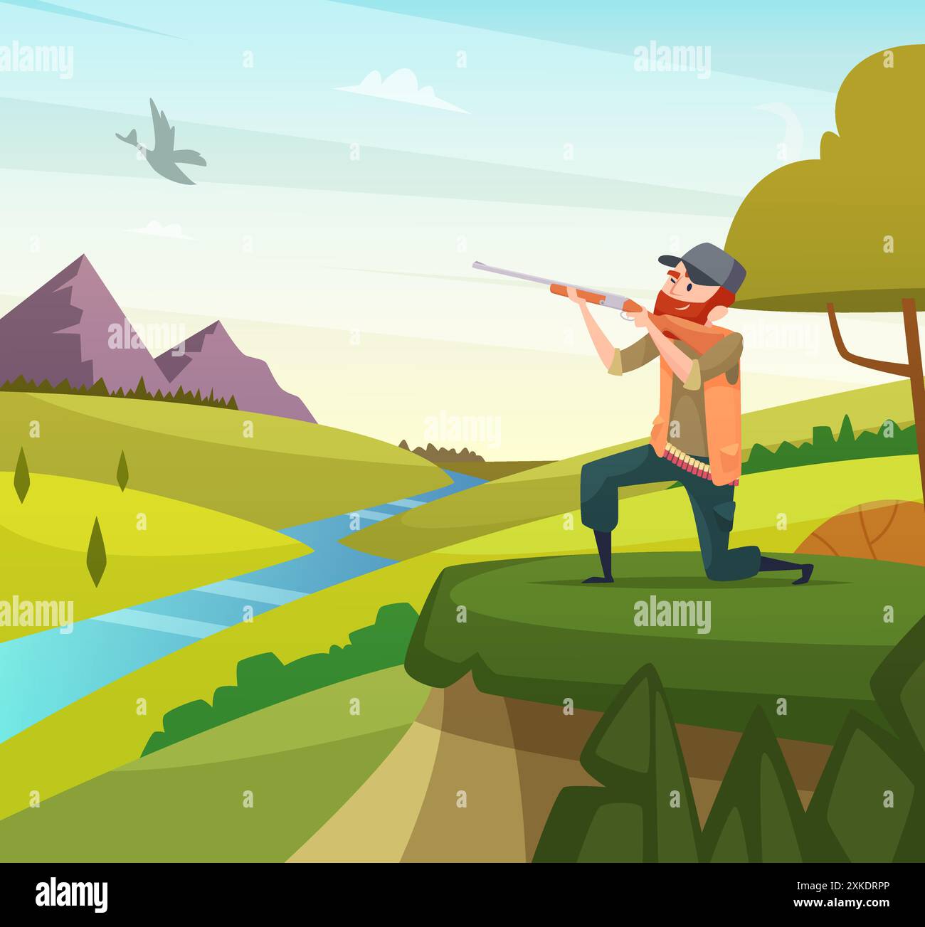 duck hunter. man aiming in gun. hunter standing in green hills vector ...