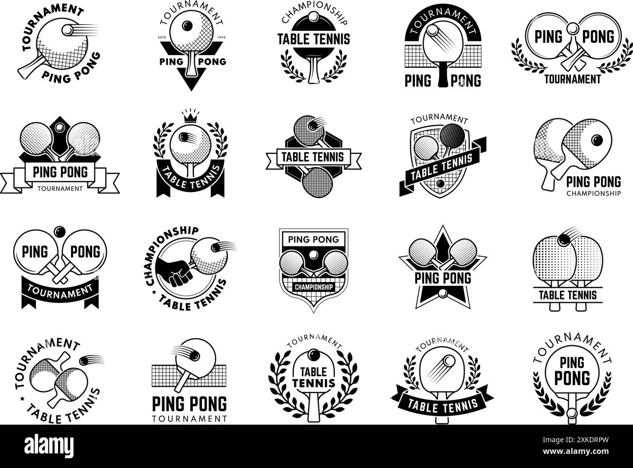 Ping pong badges. Table tennis emblems with illustrations of little ...