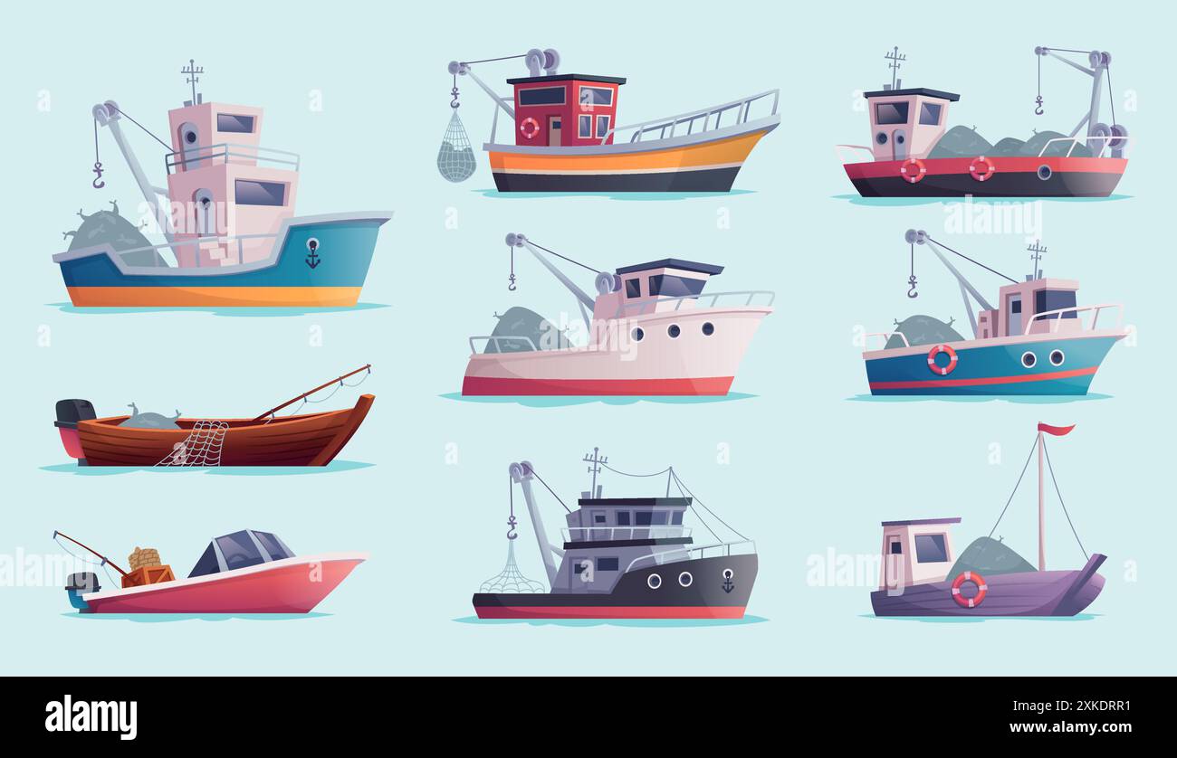 Fishing boats. Marine transport fo fisherman exact vector seafood ...