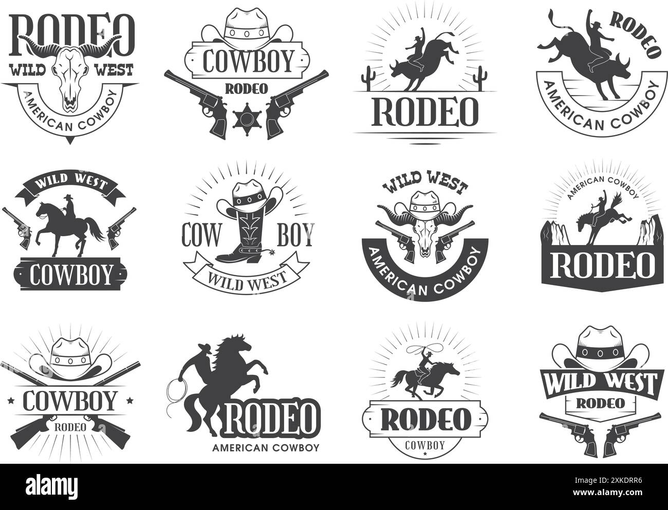 Cowboy labels. Man with lasso riding on bull recent vector rodeo games ...