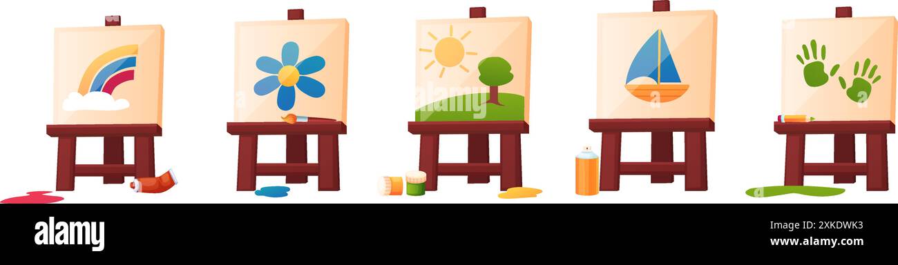 Wooden easels and pictures. Children painting workshop elements. Art ...