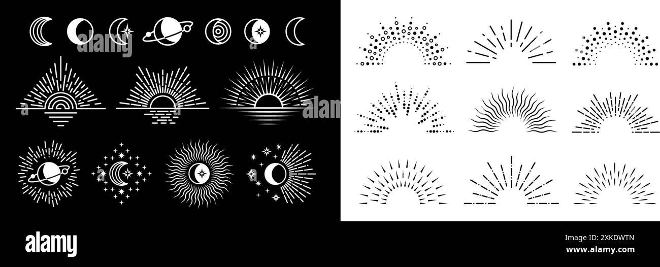 Linear moon sun rays set. Design constructor kit with different line ...