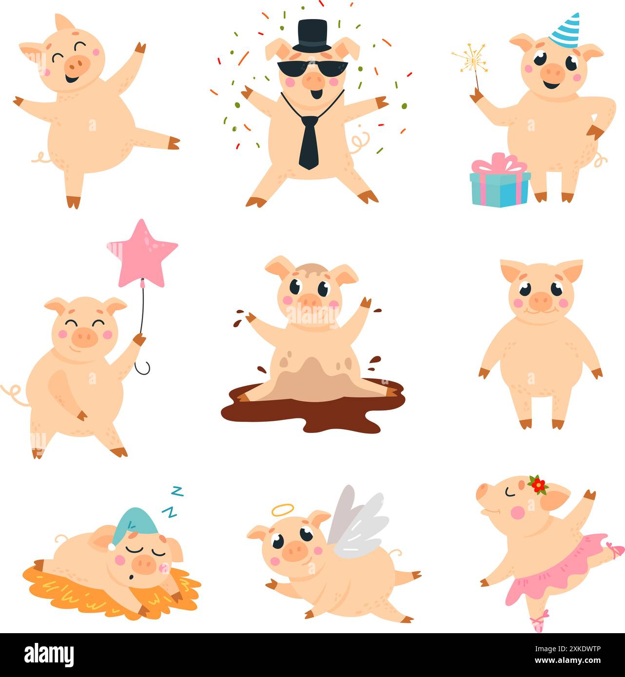 Cartoon funny pigs. Little pig different poses and actions. Ballerina ...