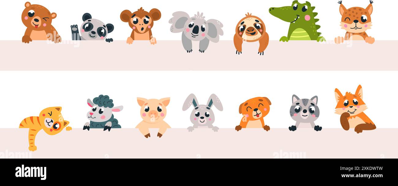 Cartoon animals holding banner. Wild animal looking out, peeping and peeking. Bear koala rabbit ...