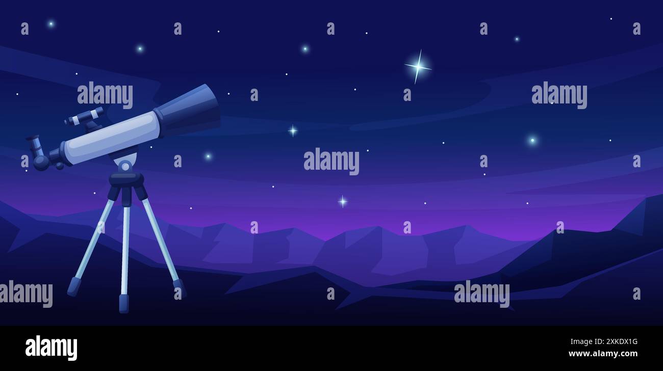 Telescope cartoon. Observation of stars and planets in galaxy. Children ...