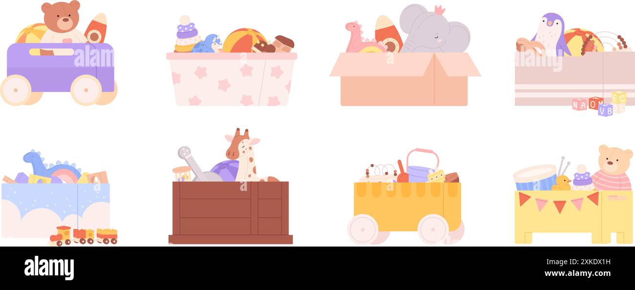 Toy boxes. Children toys in different containers. Plush bear and ...