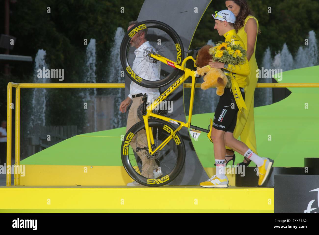 Tadej Pogacar takes to podium in Nice having won his 3rd Tour de France and 6th stage this yeat ...