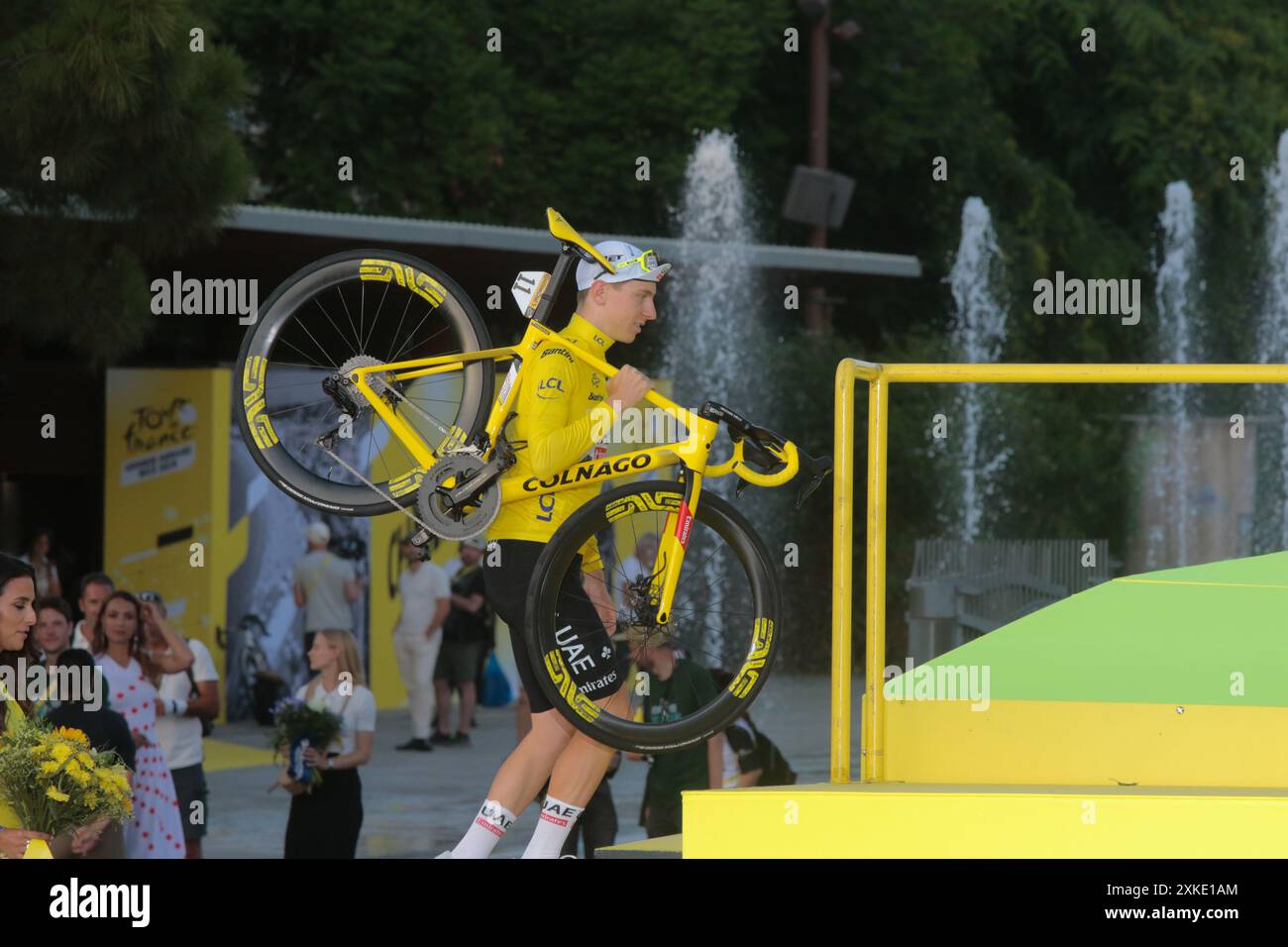 Tadej Pogacar takes to podium in Nice having won his 3rd Tour de France ...