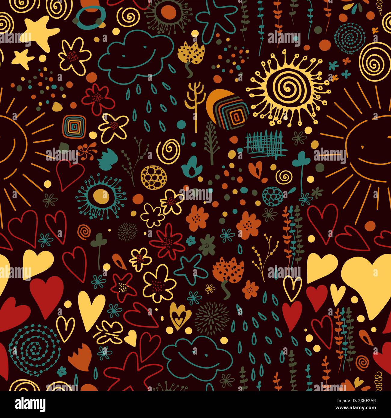 Fun colorful line doodle seamless pattern. Creative abstract art dark ...