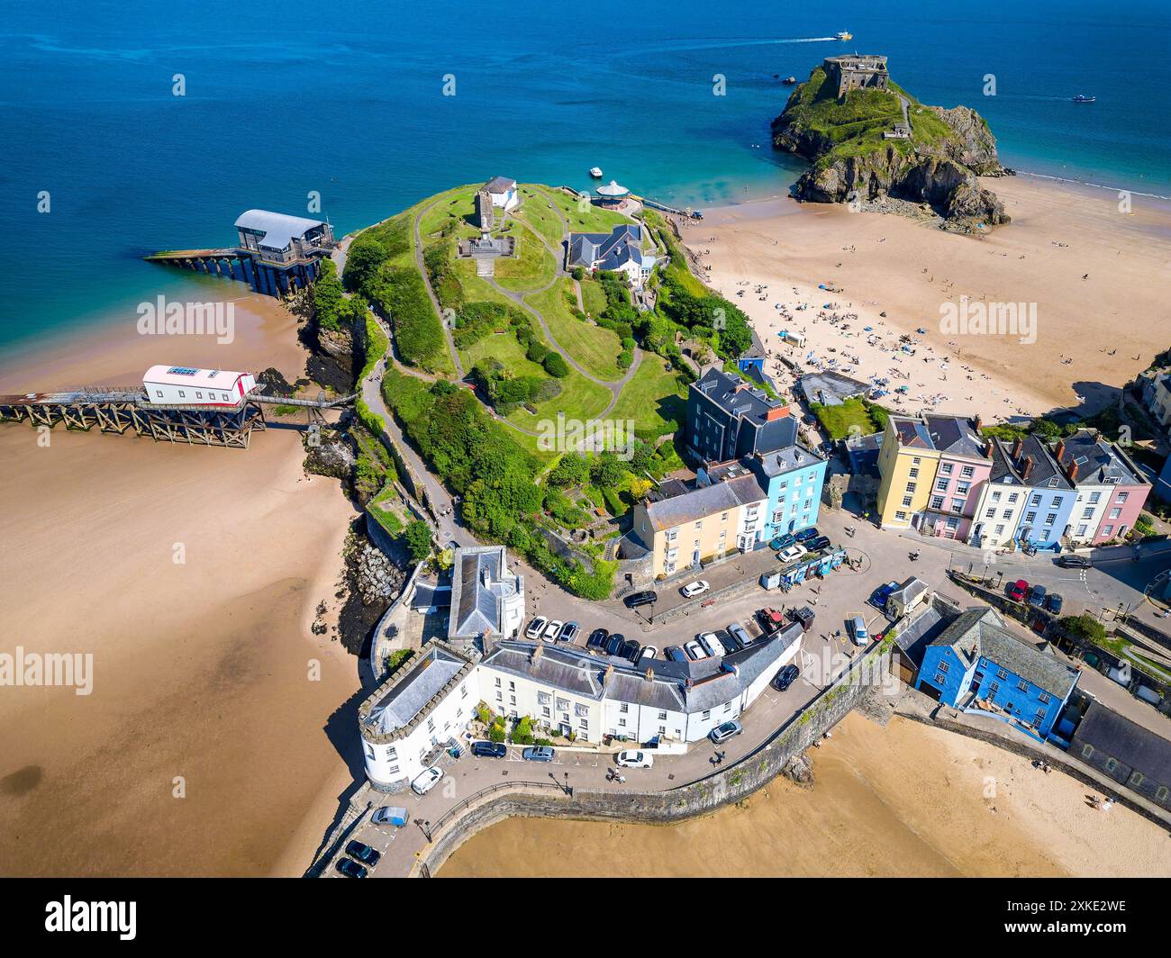 Aerial view of large sandy beaches at low tide (Tenby, Wales Stock ...
