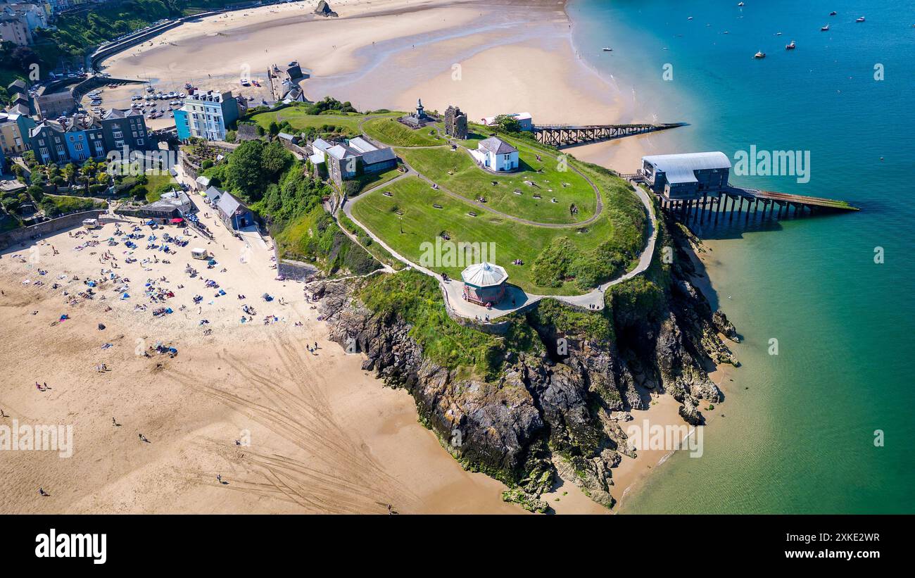 Aerial view of a large sandy beach in a seaside town at low tide (Tenby ...