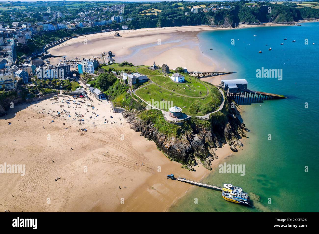 Aerial view of a large sandy beach in a seaside town at low tide (Tenby ...