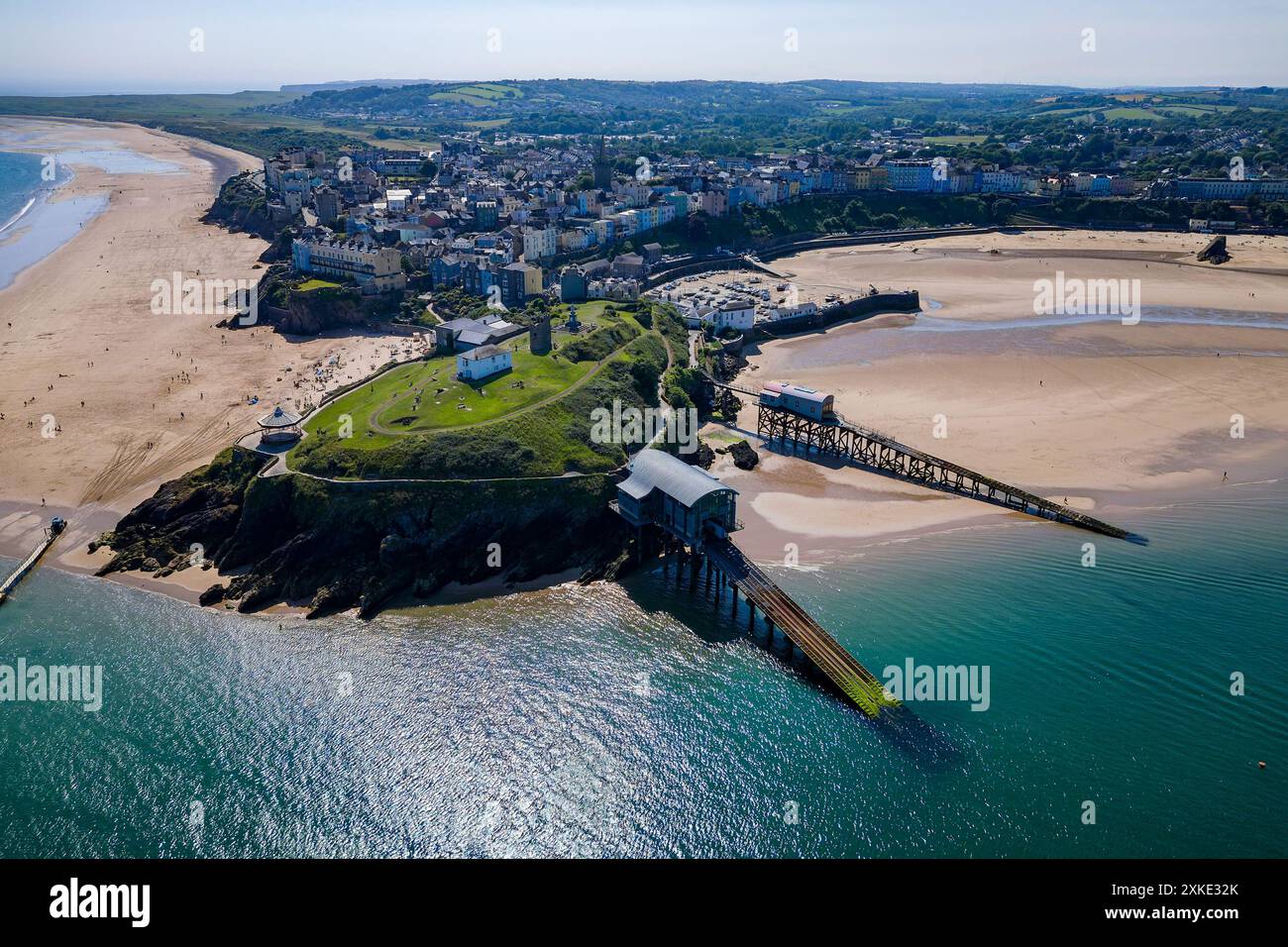 Aerial view of the lifeboat stations and harbor in the colorful seaside ...