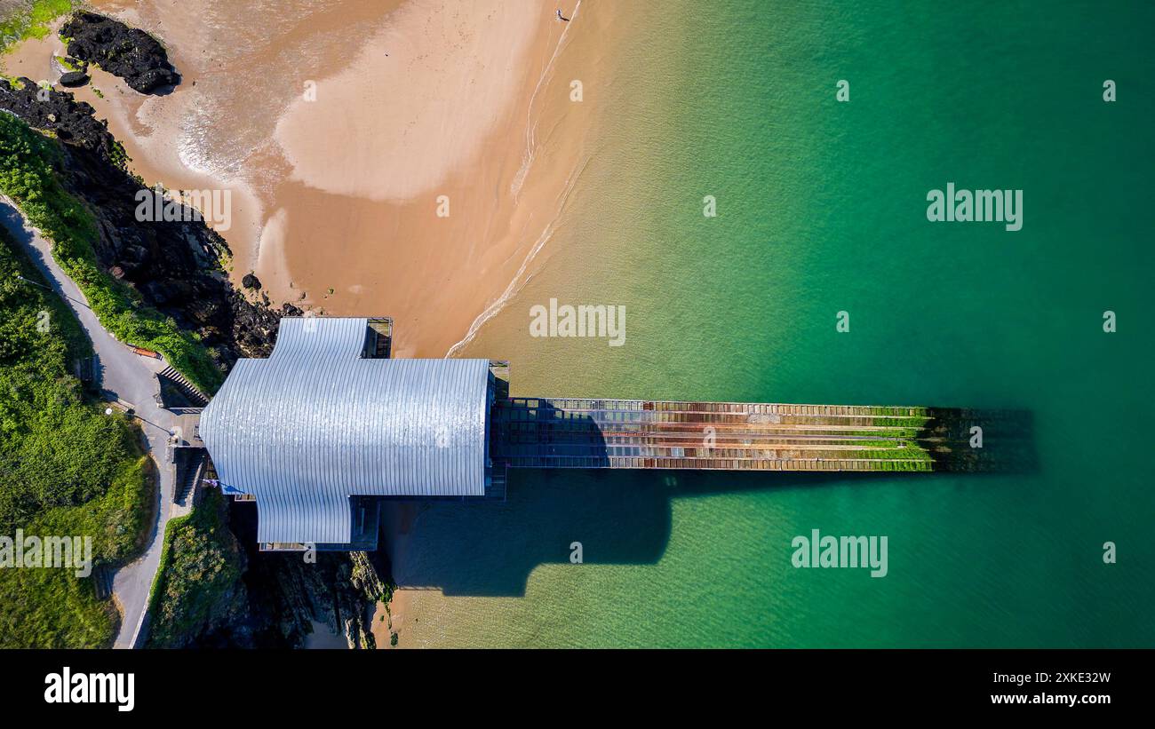 Top down aerial view of a lifeboat launch ramp at Tenby, Wales Stock ...