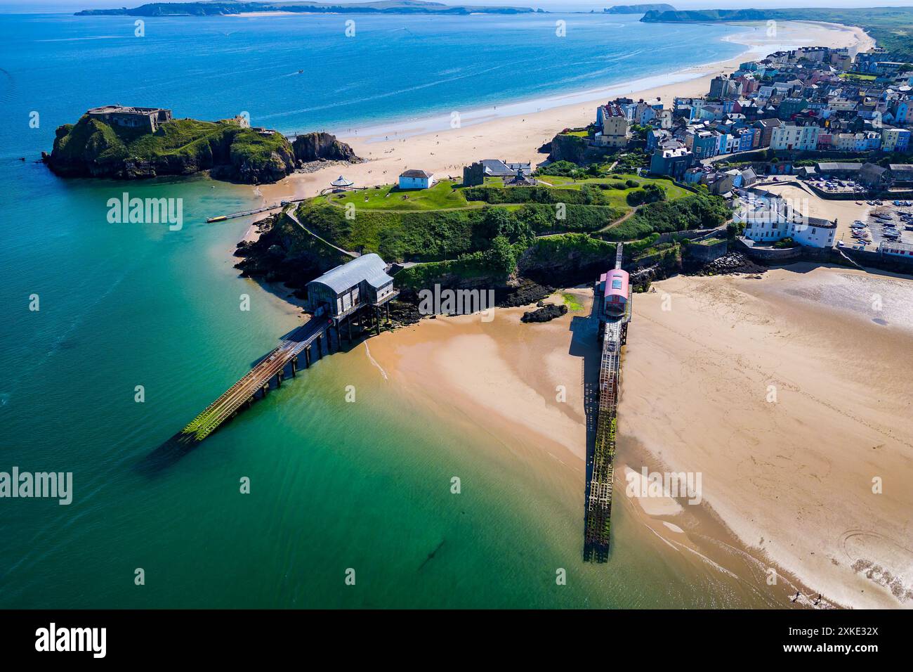Aerial view of the lifeboat stations and harbor in the colorful seaside ...