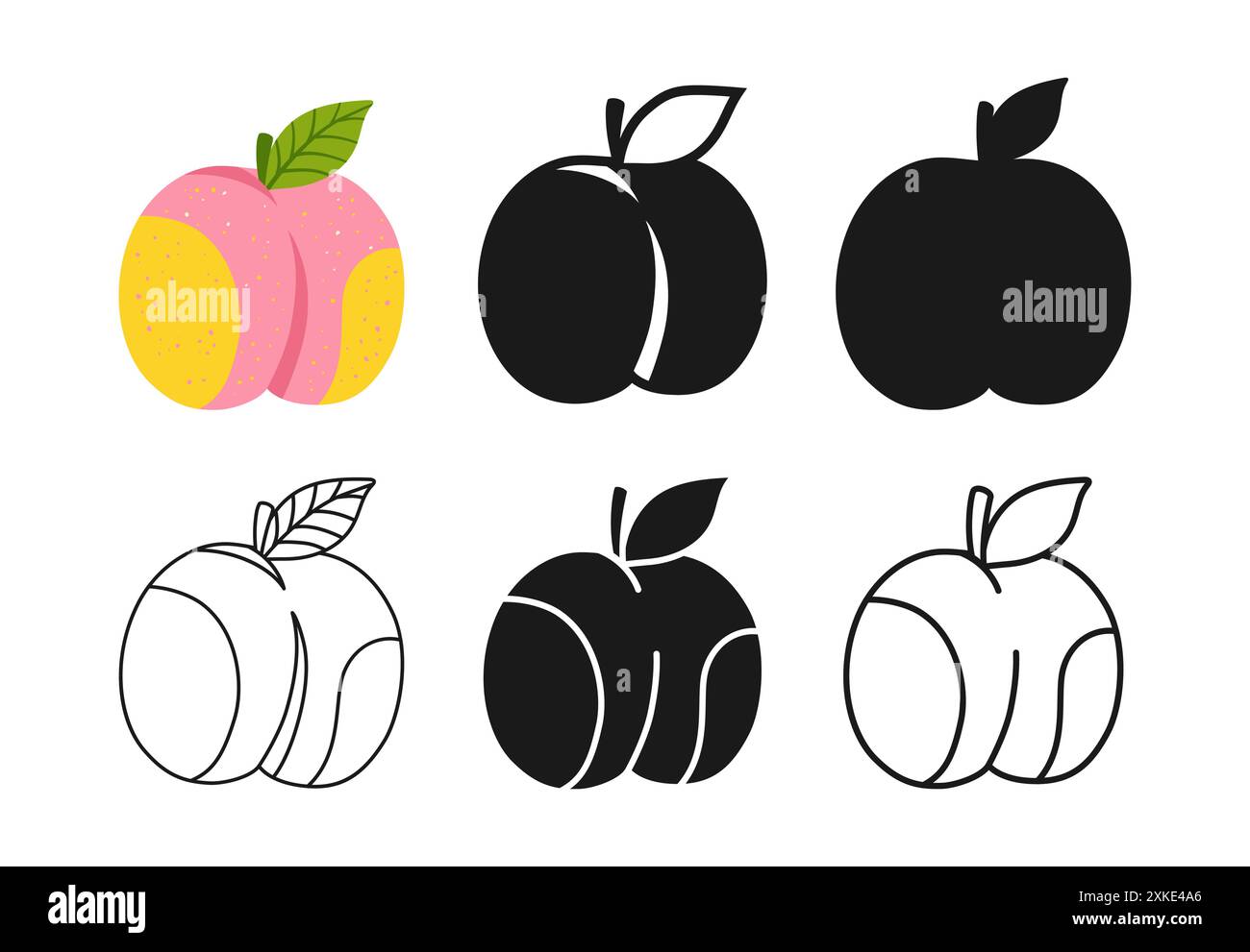 Peach symbol cartoon set. Whole ripe peach linear doodle icon. Abstract ...