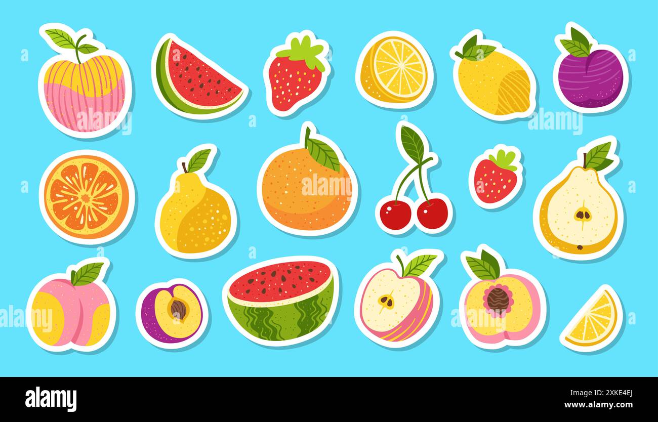 Fruits or berries sticker cartoon set. Sliced citrus lemon orange ...