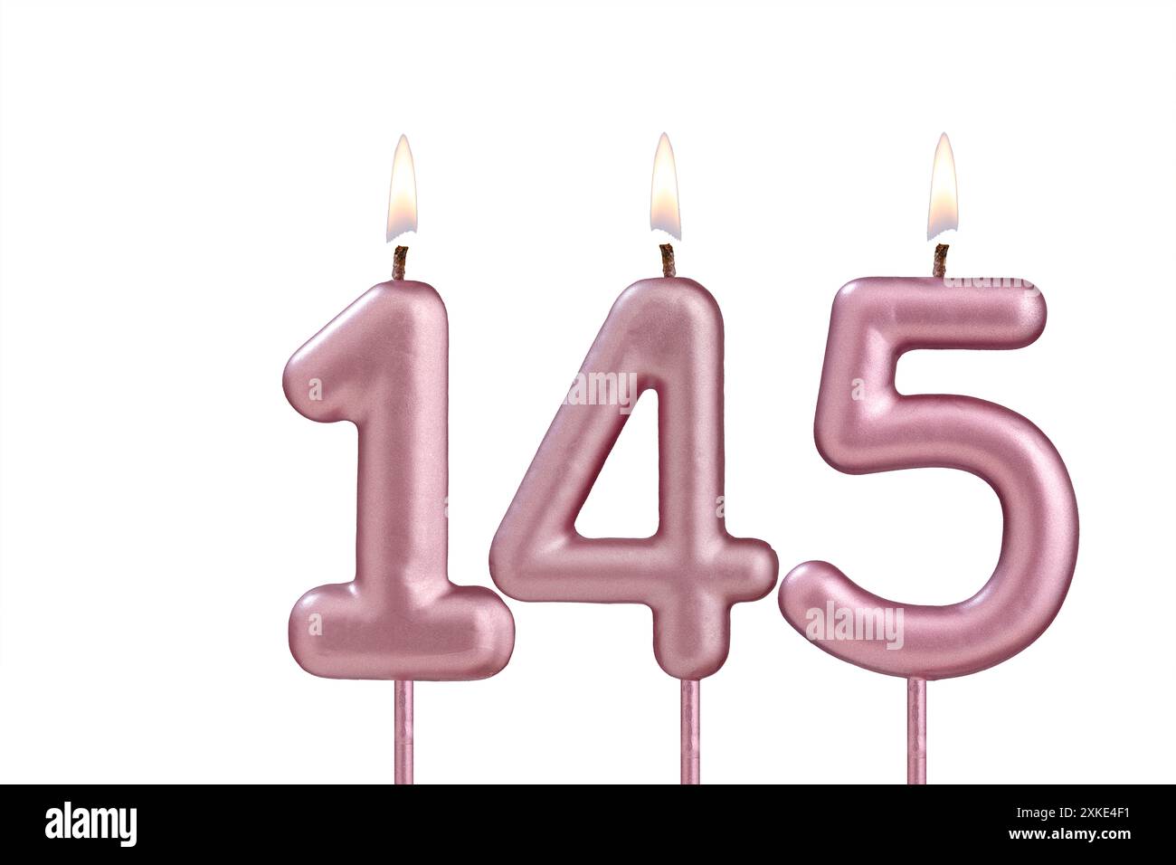 Candle number 145 - Lit birthday candle on white background Stock Photo ...
