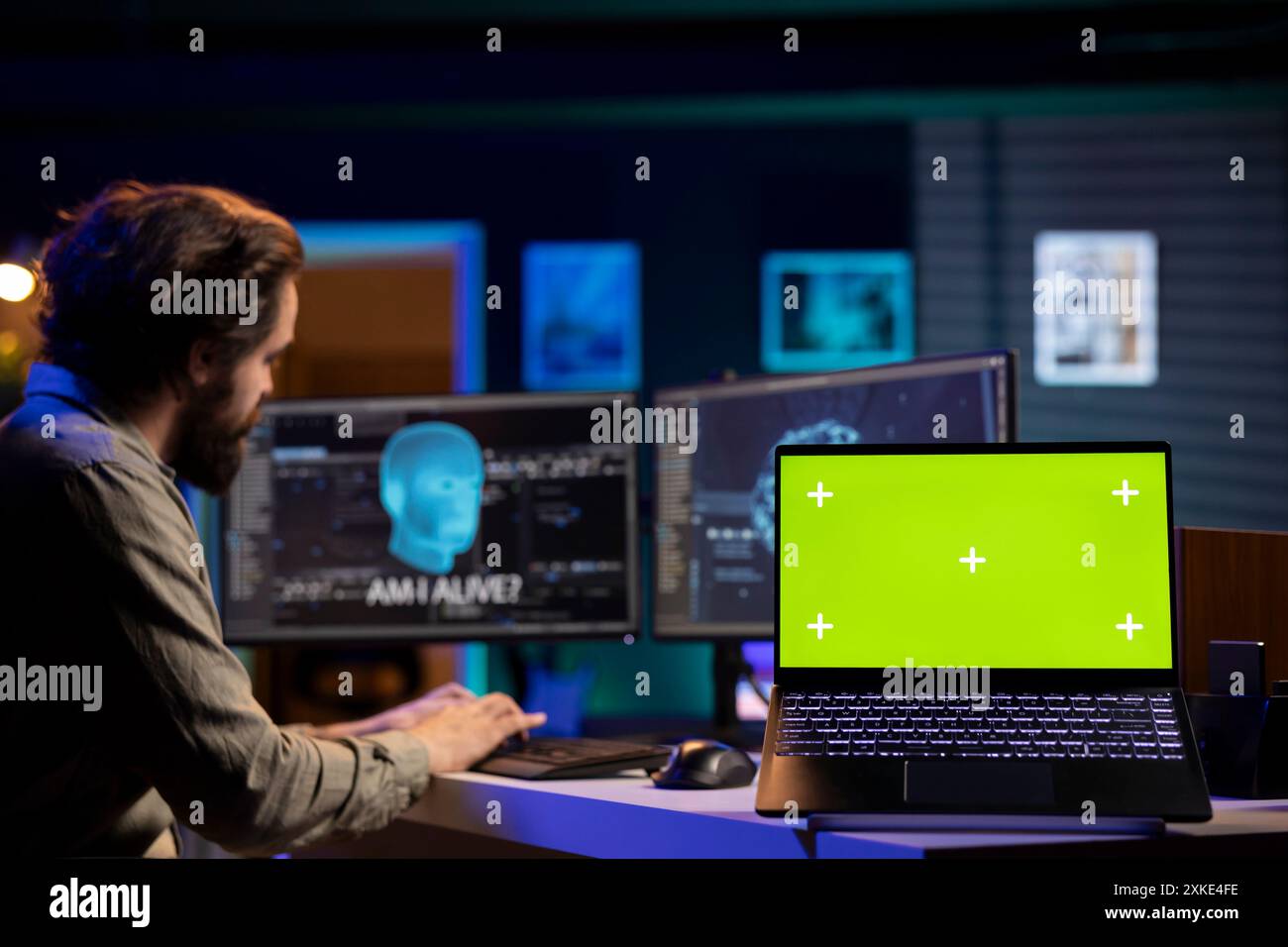 Programmer being asked existential questions by awaken AI gaining consciousness, green screen ...