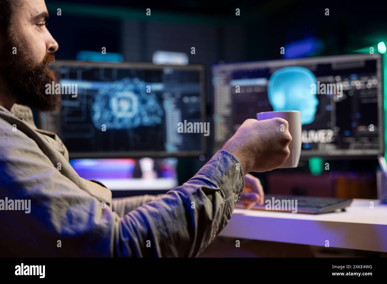 Sentient AI interacting with man drinking coffee, asking existential questions after modifying ...