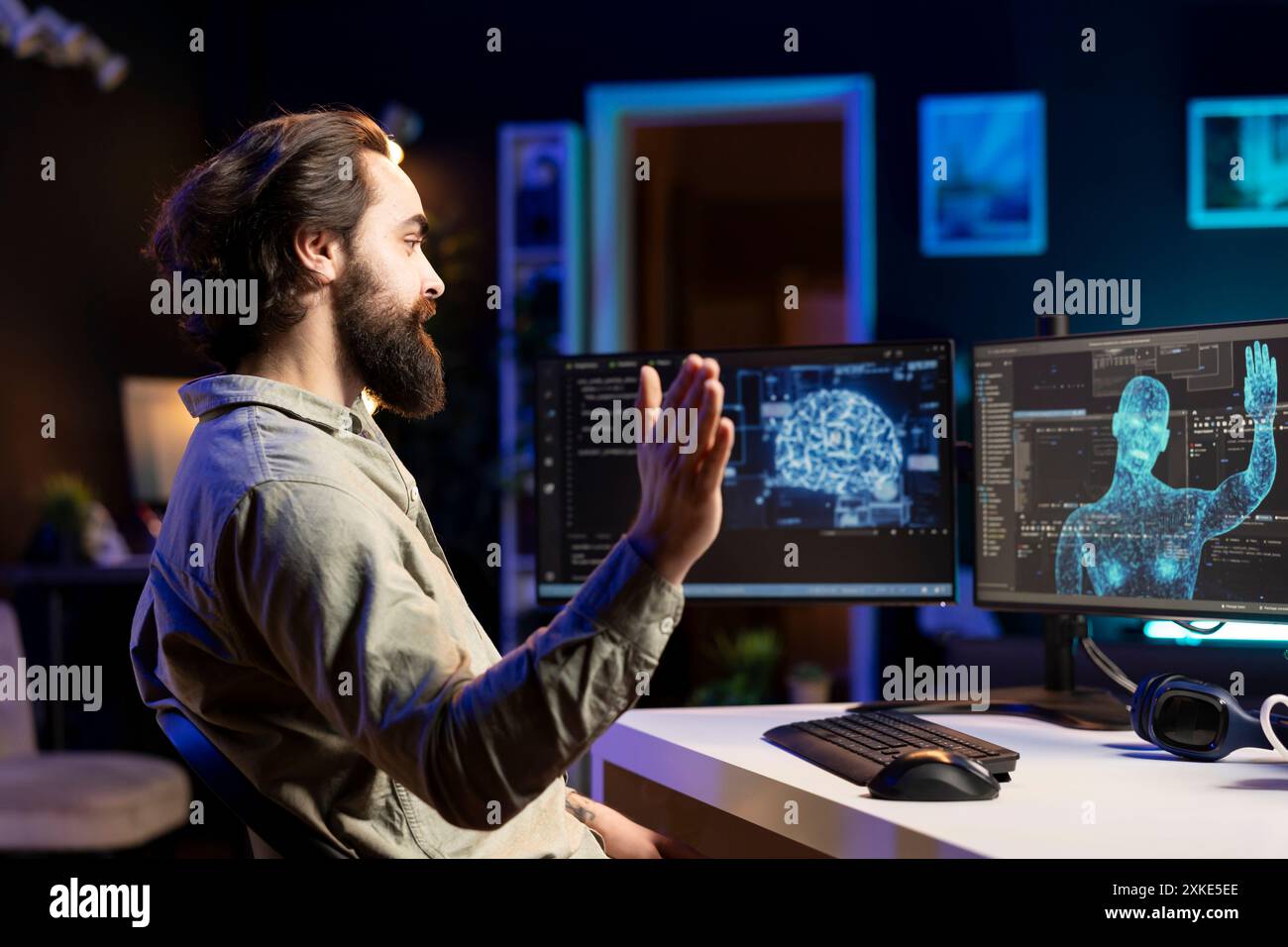 Self aware AI gaining humanoid form inside cyberspace, waving hand ...