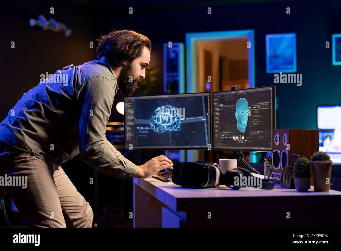 Man typing on keyboard, talking with AI becoming sentient and asking ...