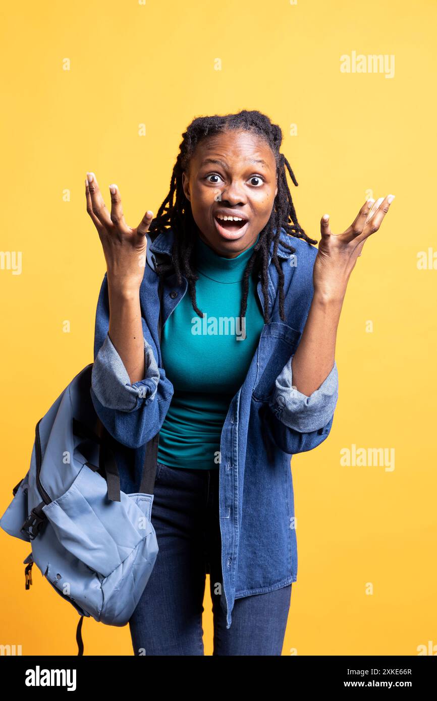 Portrait of overworked student yelling, being hysteric, isolated over ...