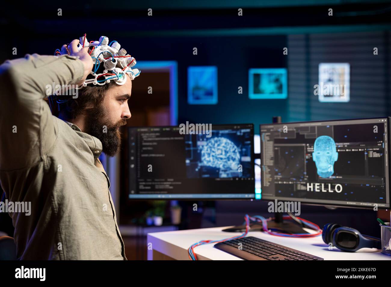 Man placing EEG headset on head to communicate with artificial ...