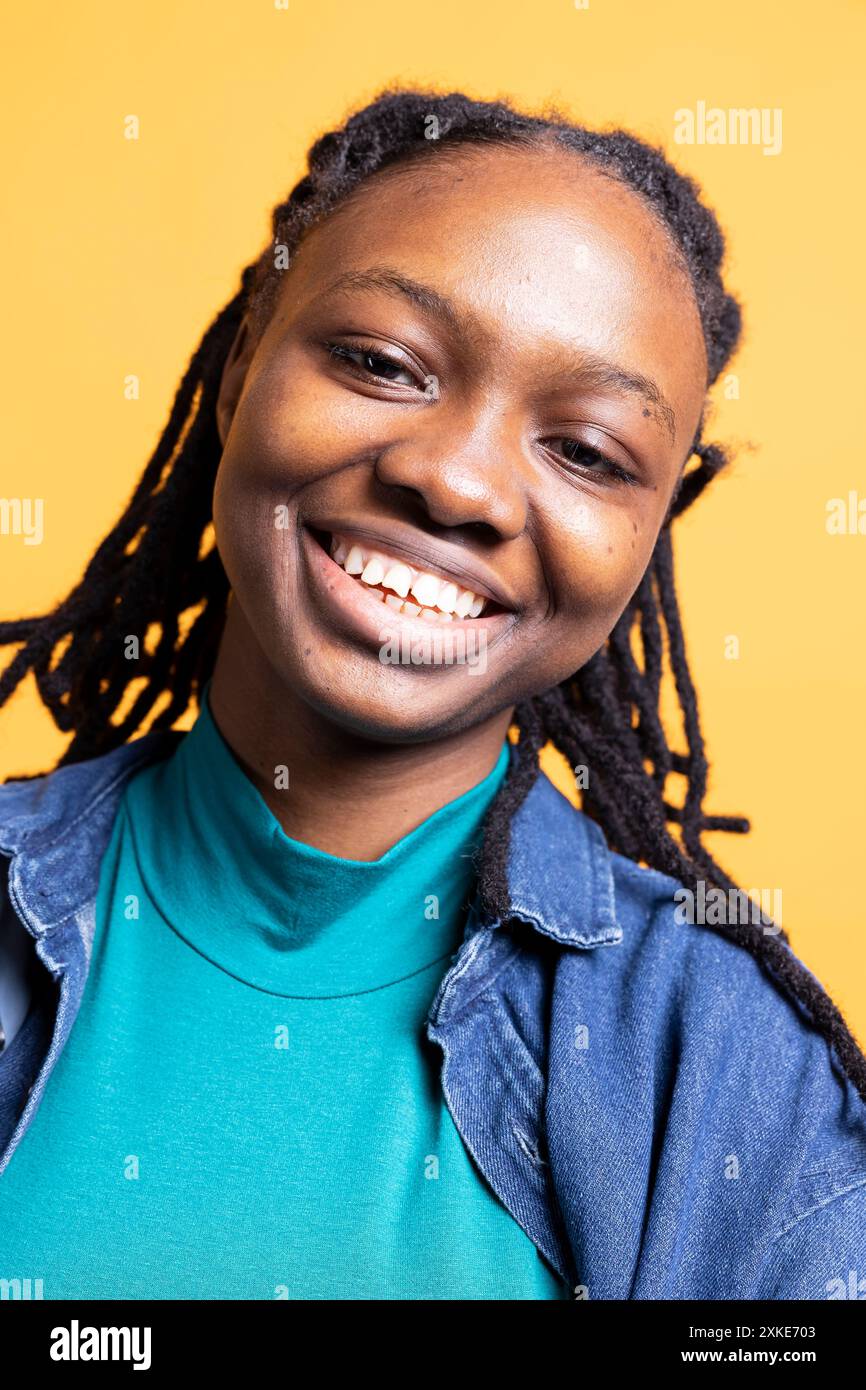 Portrait of jolly african american woman posing, feeling happy ...