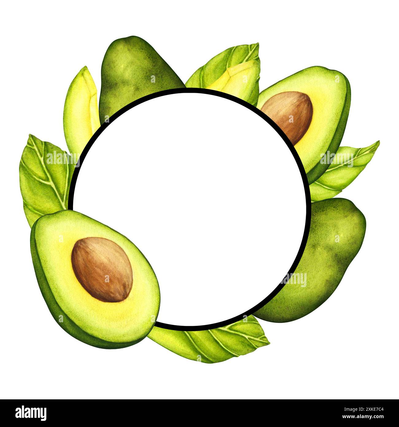 Watercolor frame from avocado and greenery leaves isolated on white ...