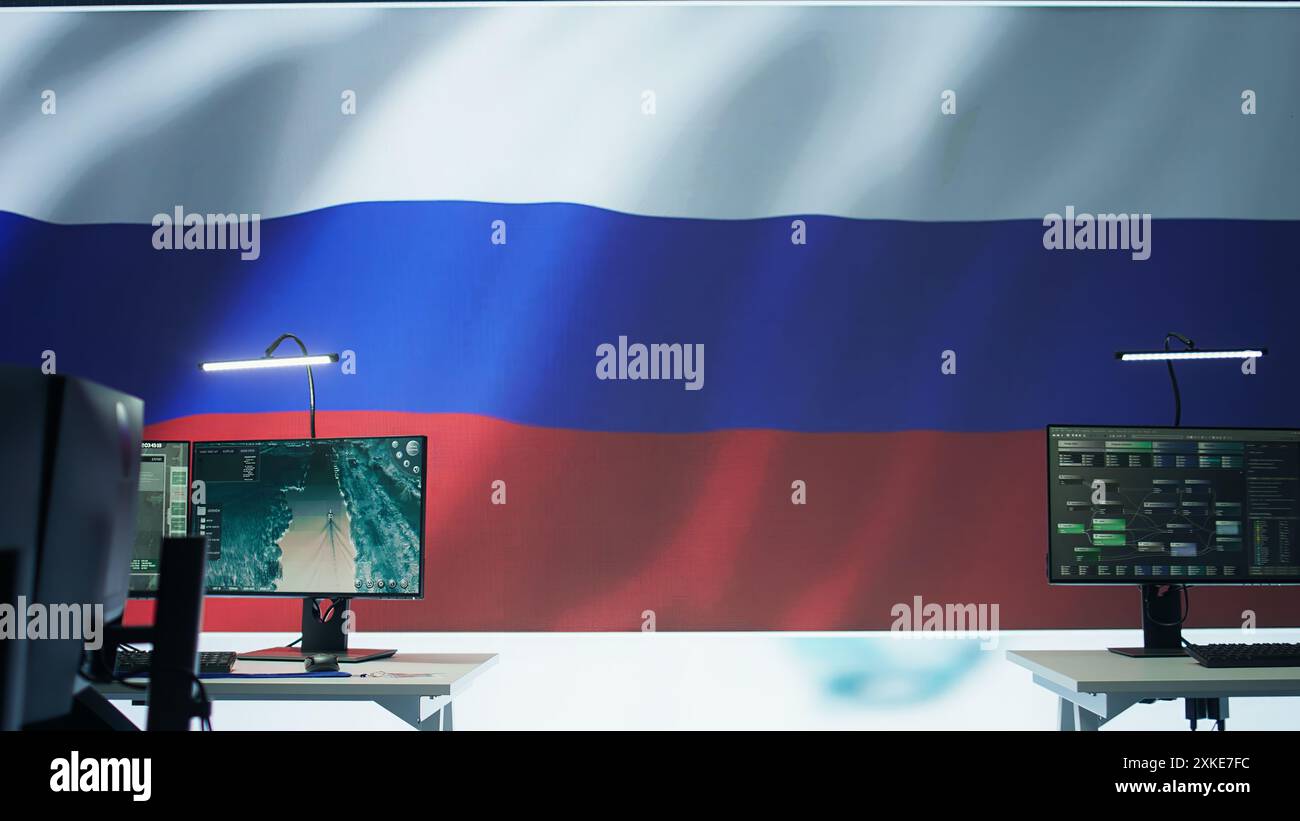 Empty army command center monitoring room agency with the russian flag ...