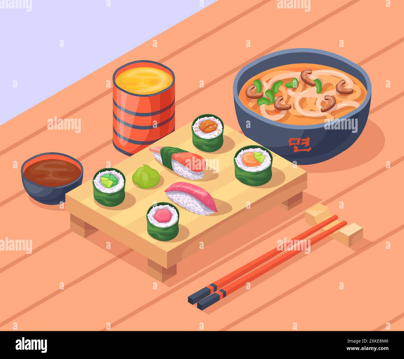 Isometric japanese dinner. Japanese cookery lunch serving, rice or ...