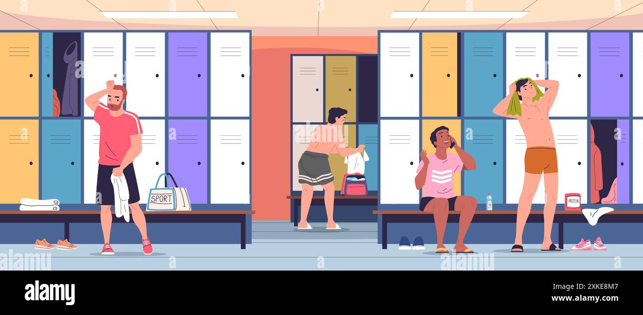 Sportsmen locker room. Gym athletes or football players indoor stadium ...