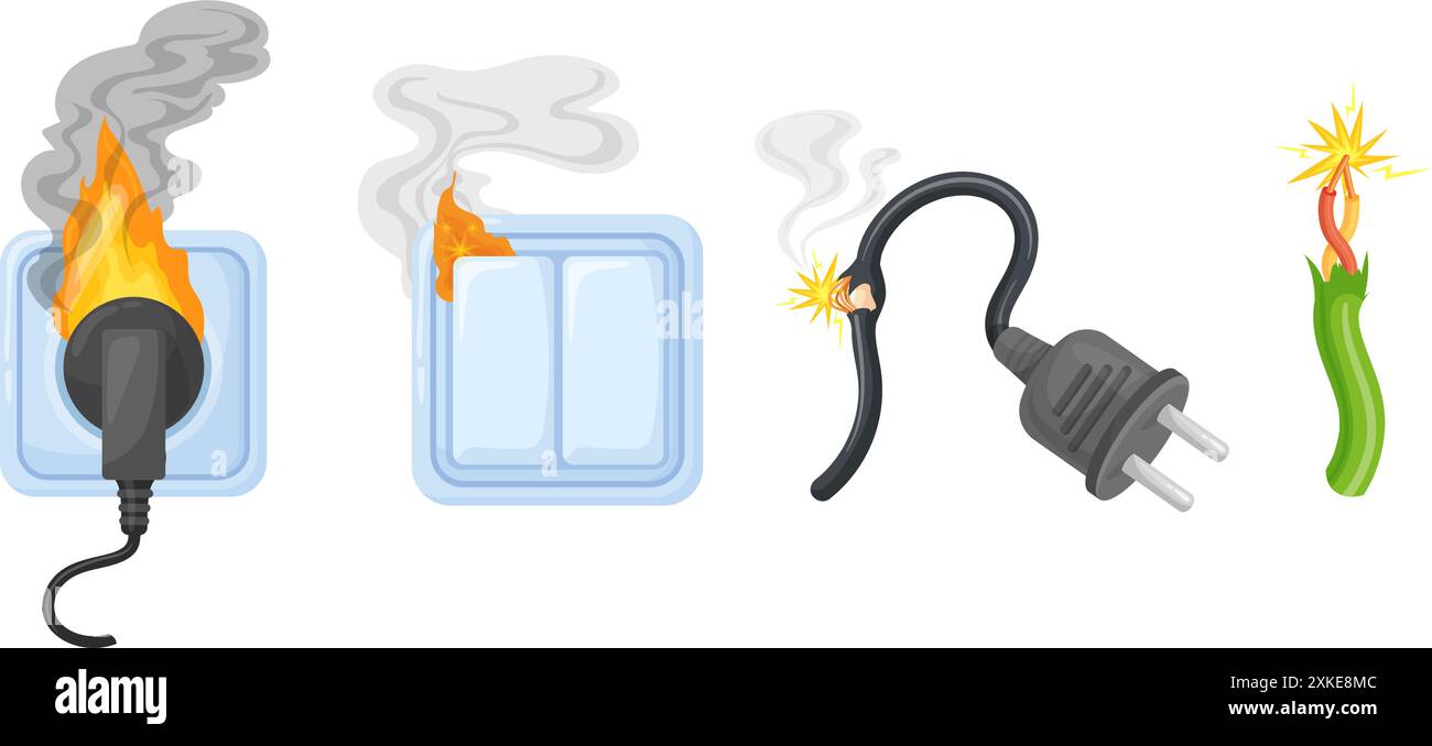 Short circuit. Electrical cable burn fire, electric plug damage smoke ...