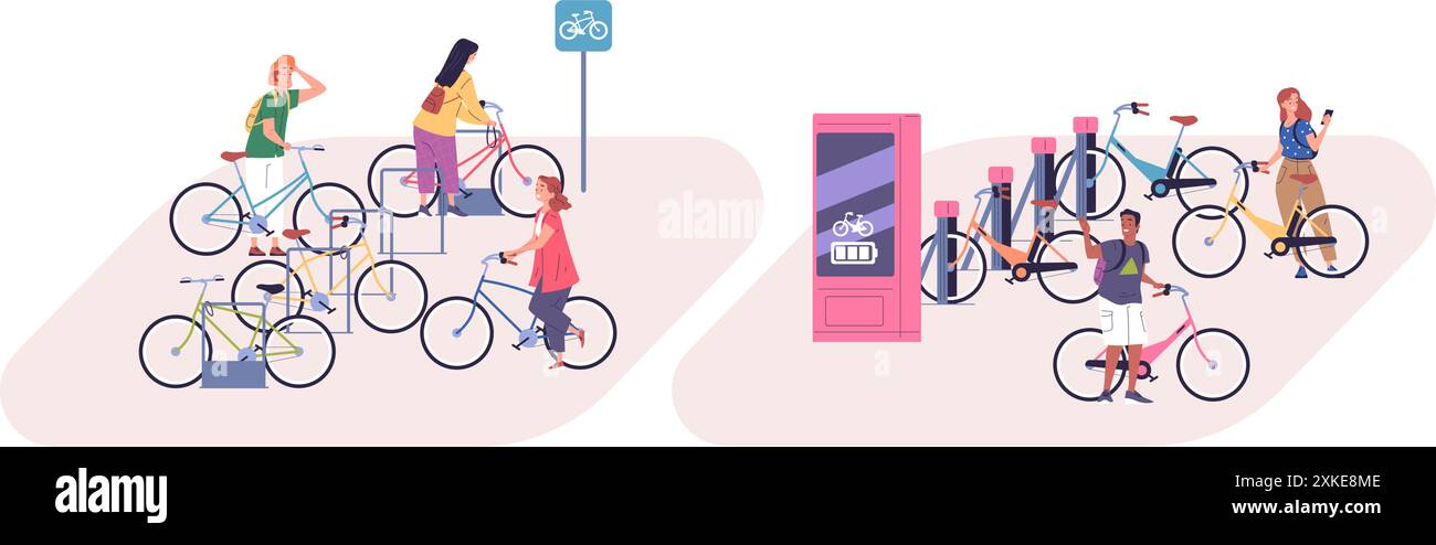 Bicycle parking. People stand at rental bikes storage on street public ...