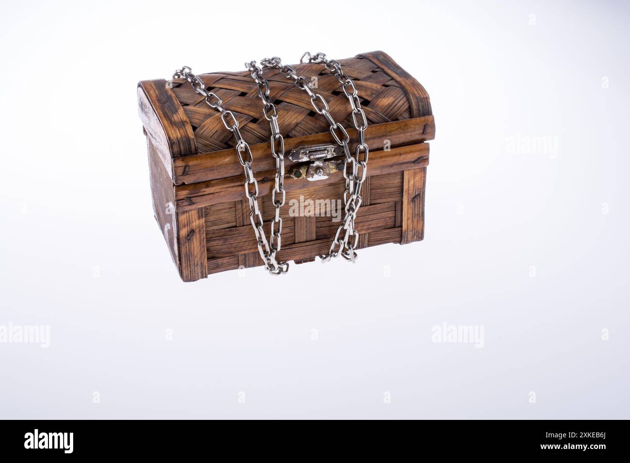 Wooden brown treasure box in chains on a white background Stock Photo ...