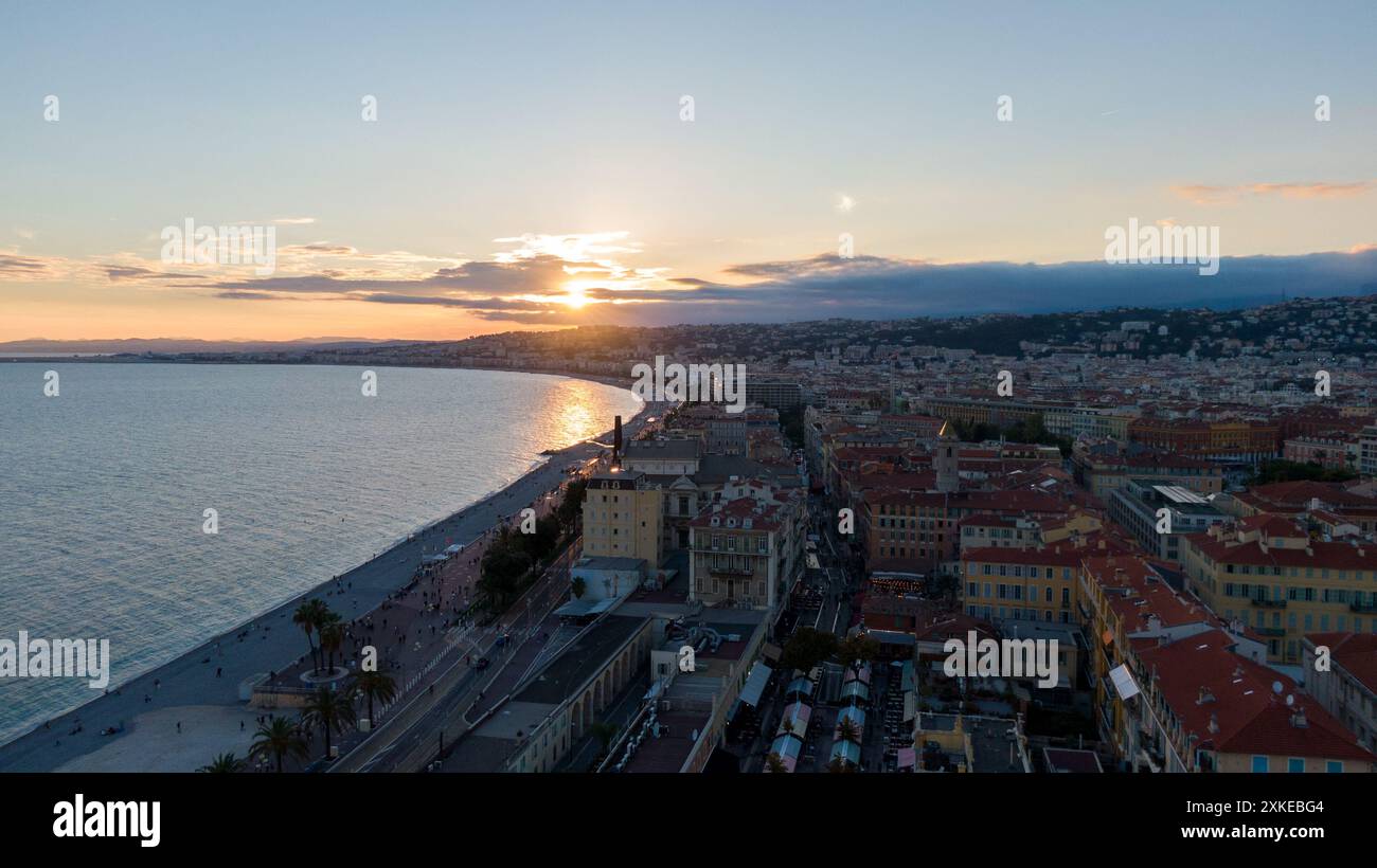 Beautiful panorama of English Promenade in Nice, France. Palm trees ...
