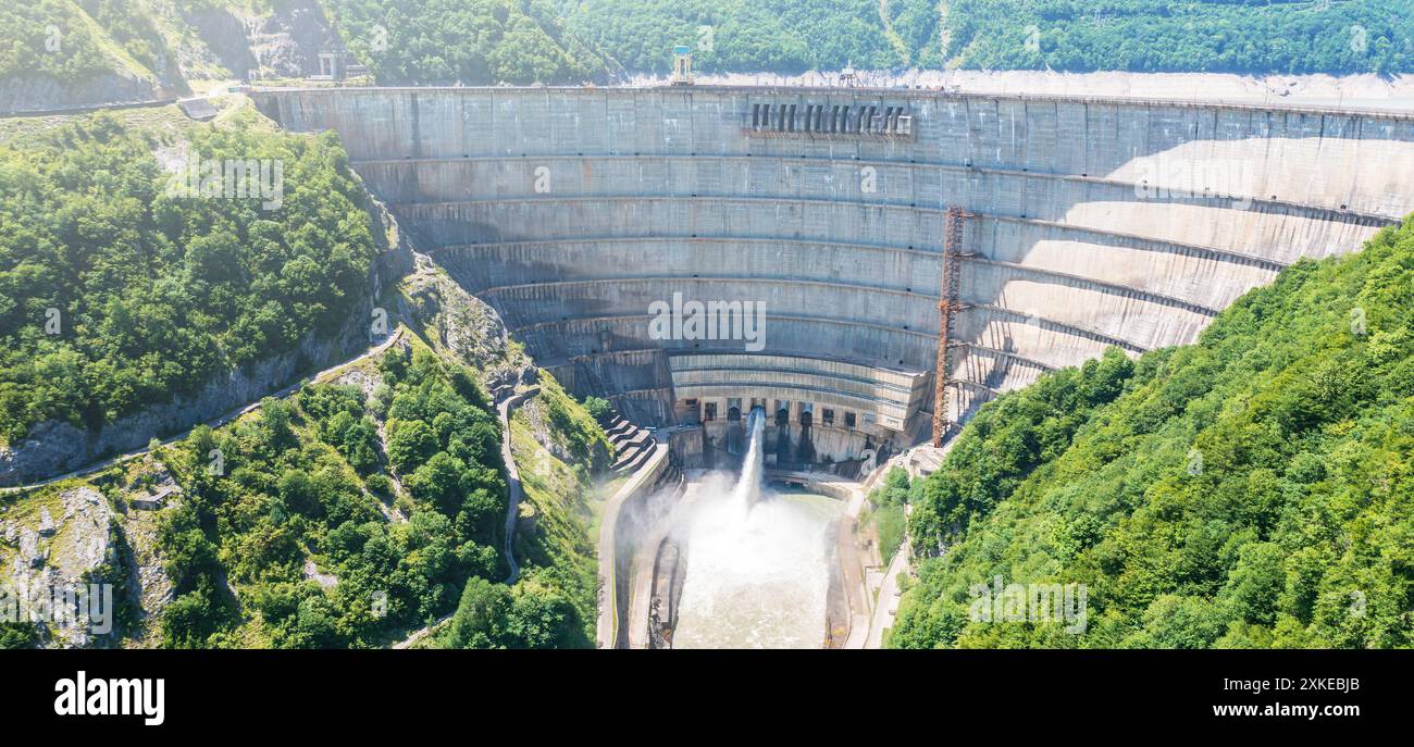 Hydroelectric power plant. Aerial view huge water dam. Hydropower ...