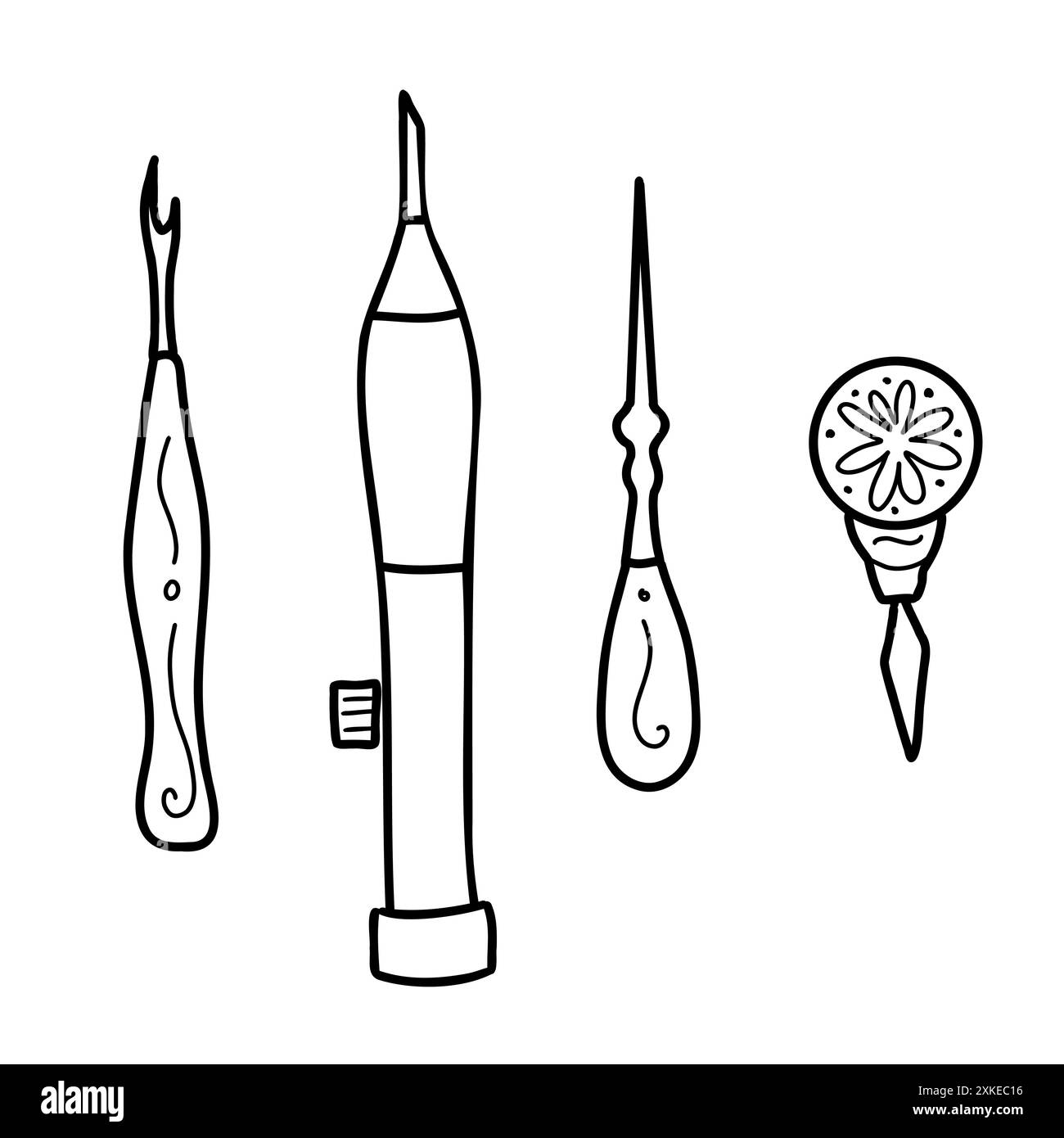 Set of Needlework Tools, Hand drawn Icons. Awl, Embroidery Needle, Seam ...