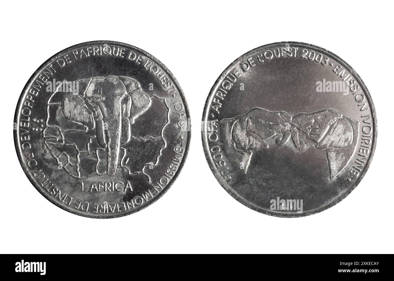 Isolated photo of 1500 Ivory Coast CFA 2003 coin on white background ...