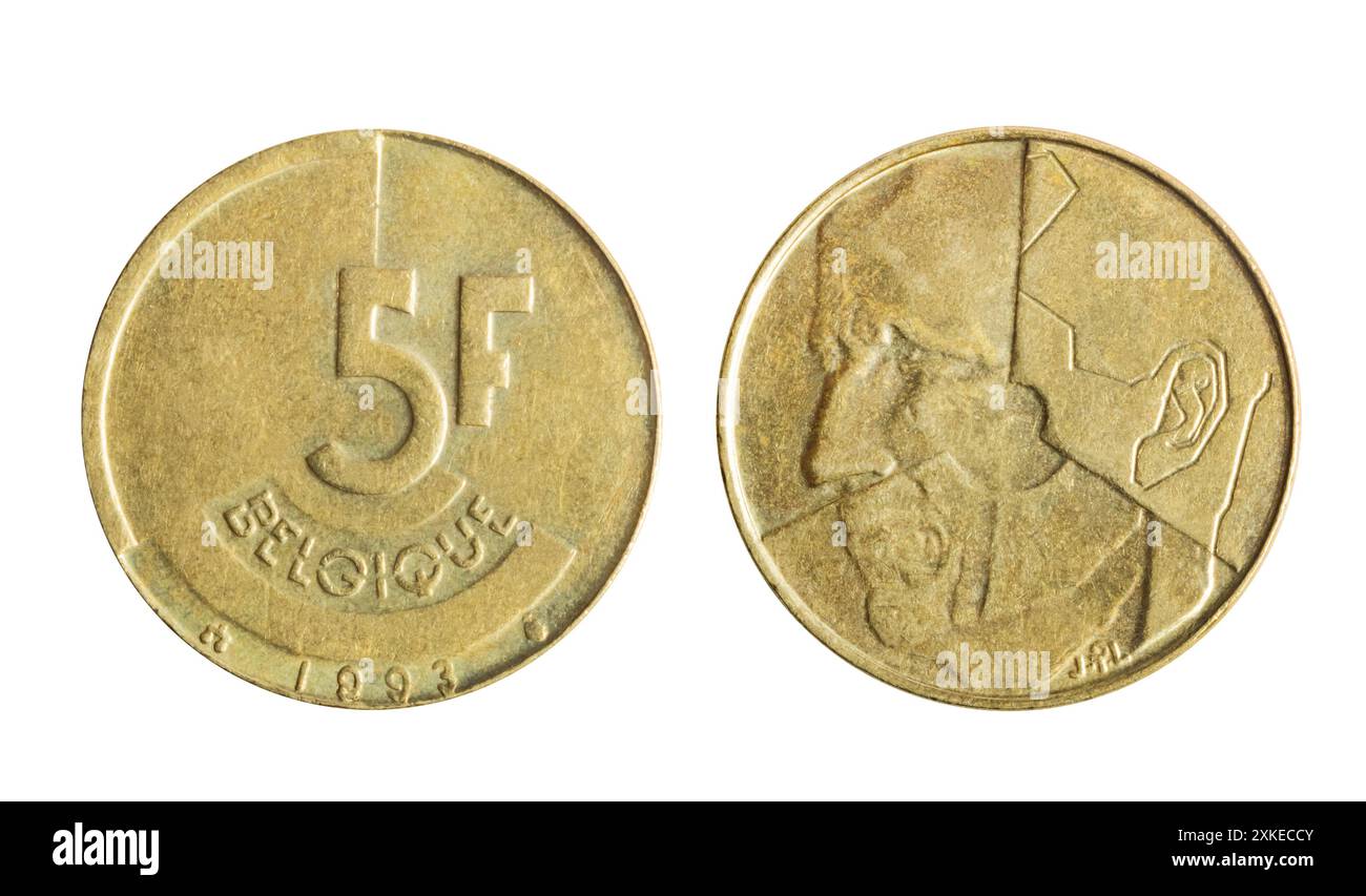 Isolated photo of 5 Belgium francs 1993 nickel bronze coin of Baudouin ...